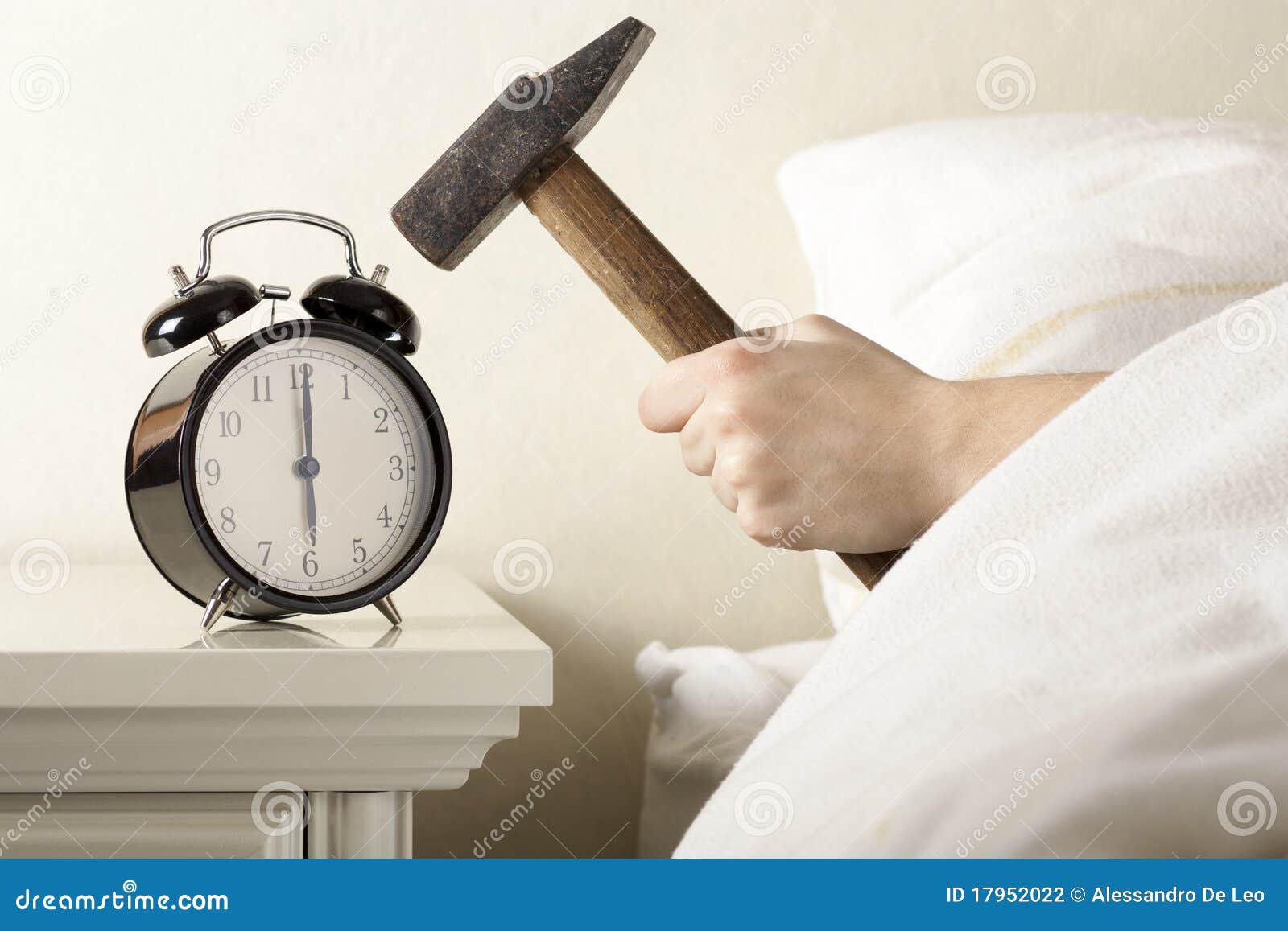 Smashing Alarm Clock with Hammer Stock Photo - Image of black ...