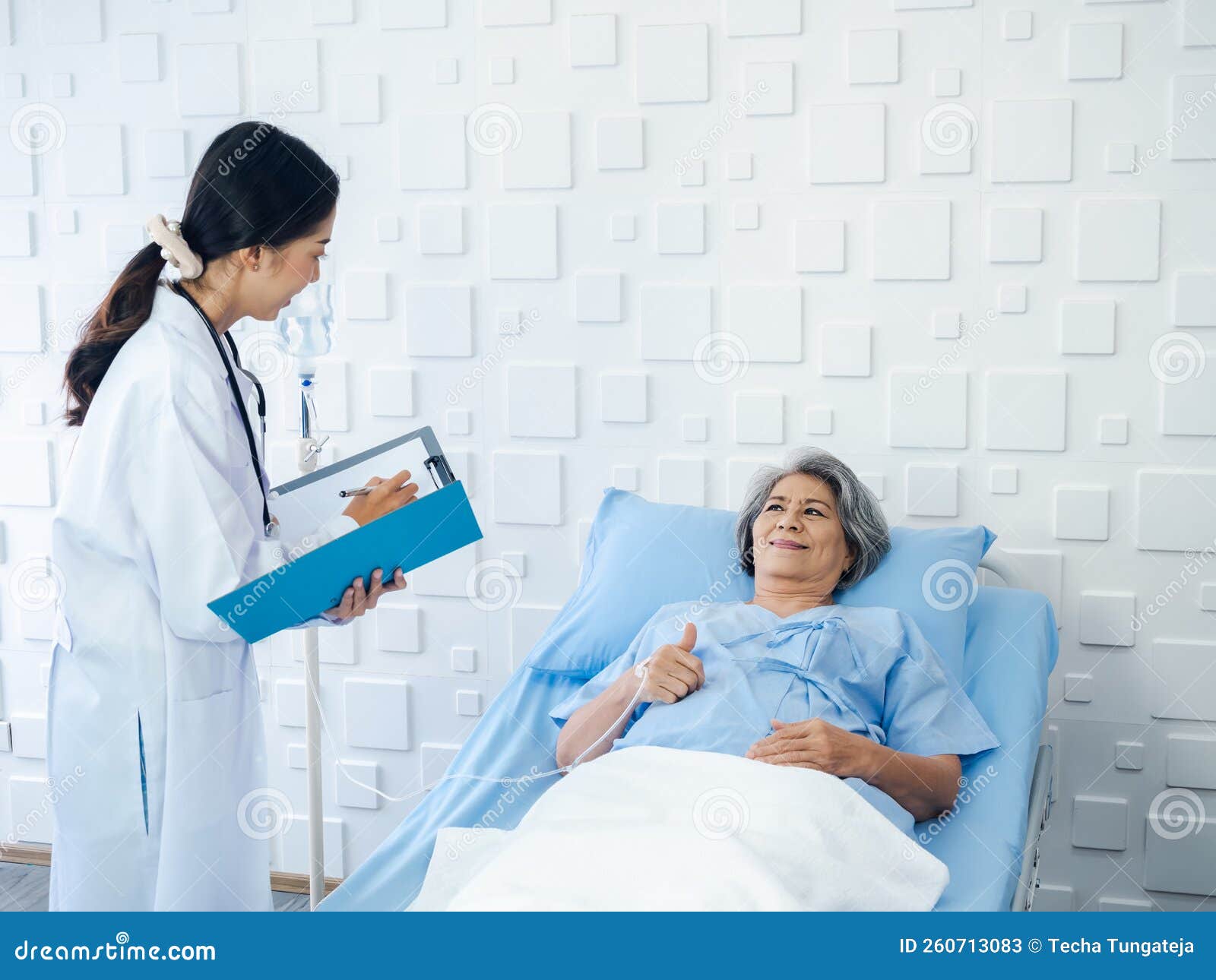 Smile Asian Senior Woman Grey Hair Patient Lying On Bed Recovering