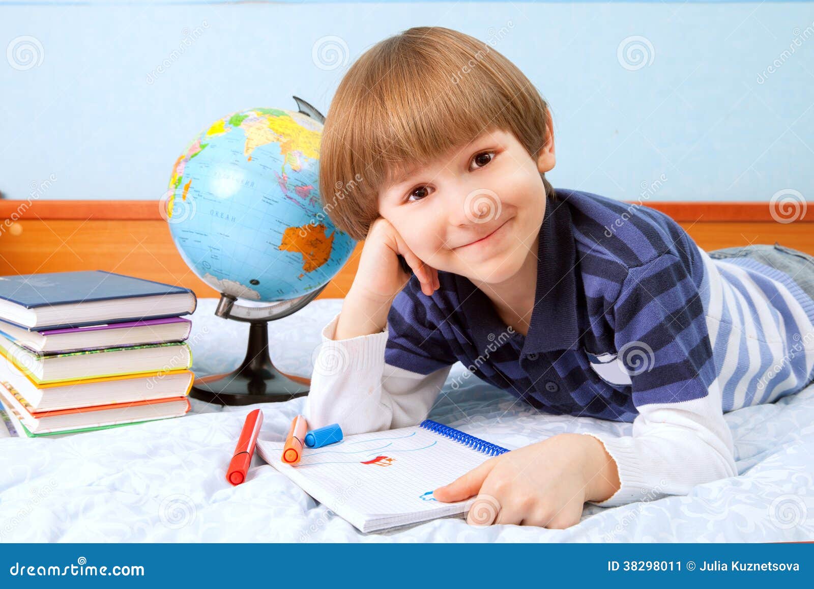 Smile Boy with Notebook and Felt Pens Stock Image - Image of home ...