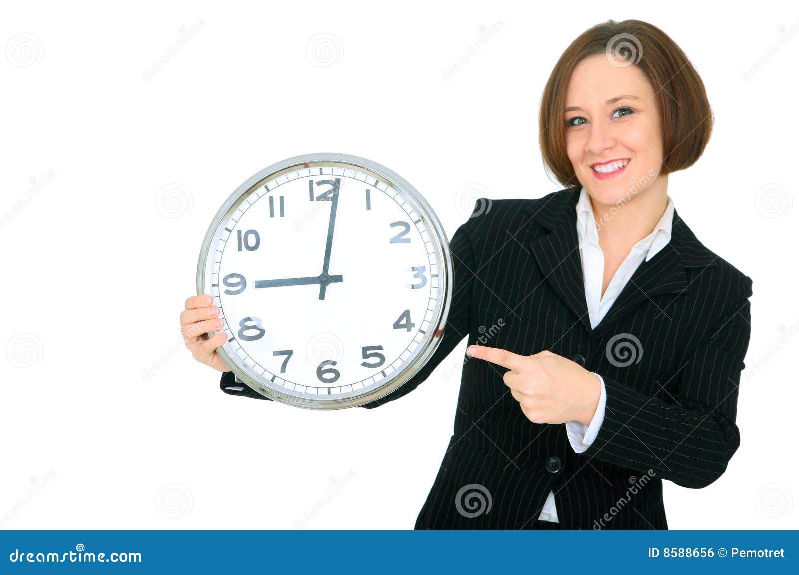 Smile Businesswoman Point at Clock Show 9 Stock Photo - Image of face ...