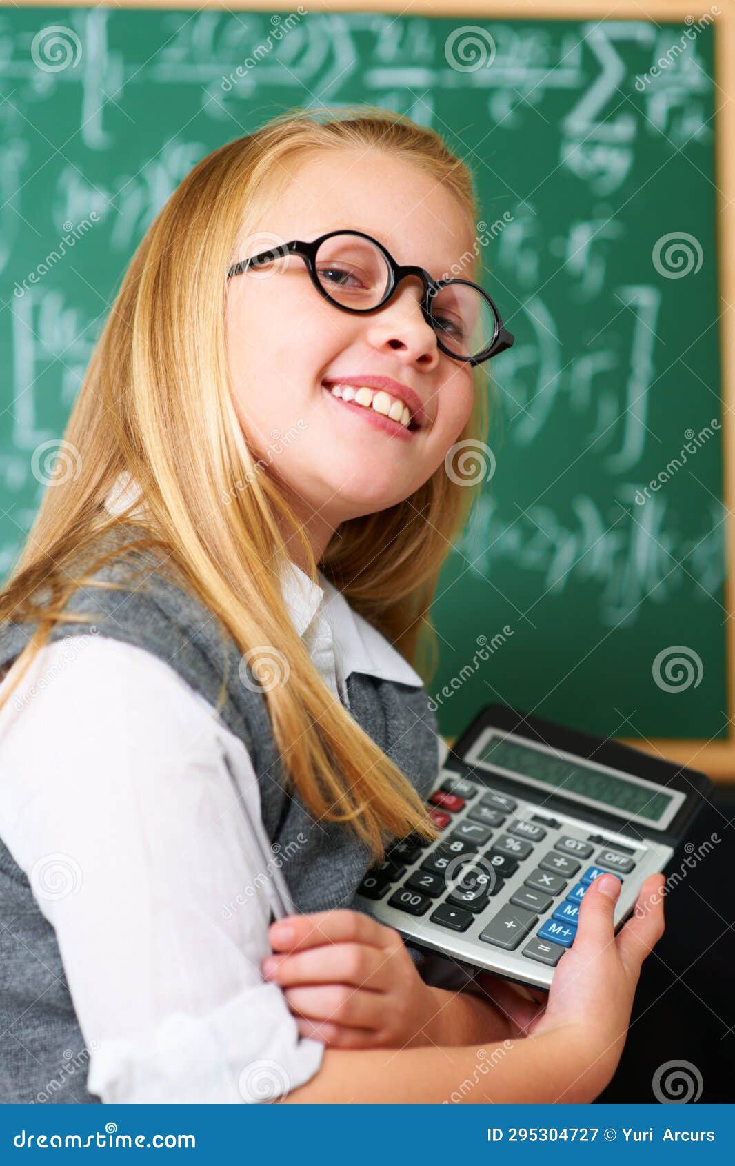 Smile, Calculator and Child Student in Classroom for Mathematics ...