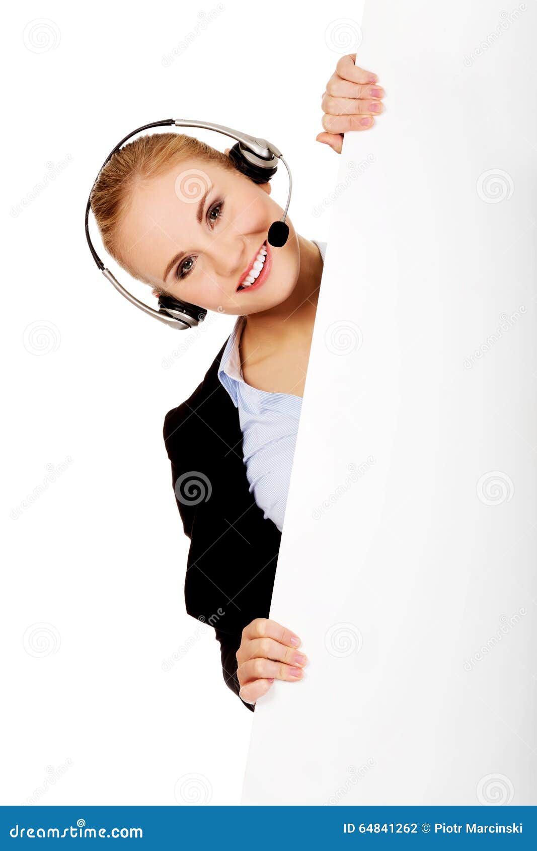 Smile Call Center Woman Holding Empty Banner Stock Photo - Image of ...