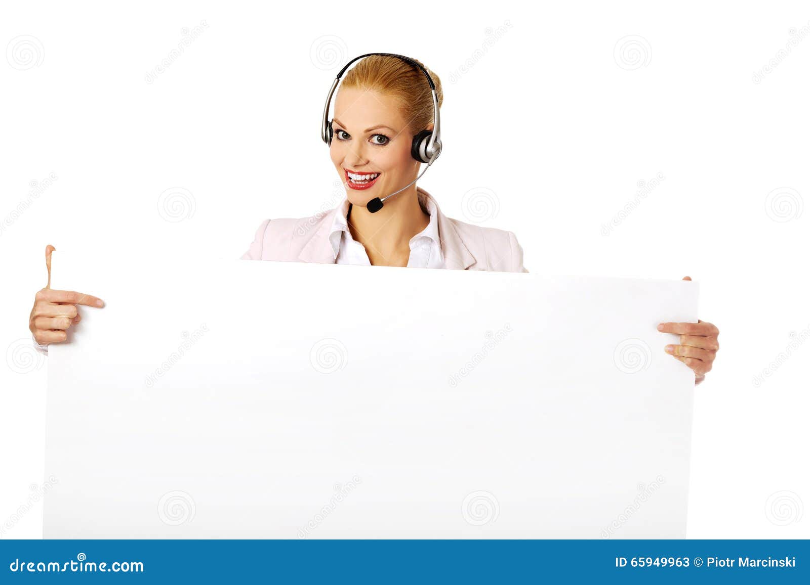 Smile Call Center Woman Holding Empty Banner Stock Image - Image of ...