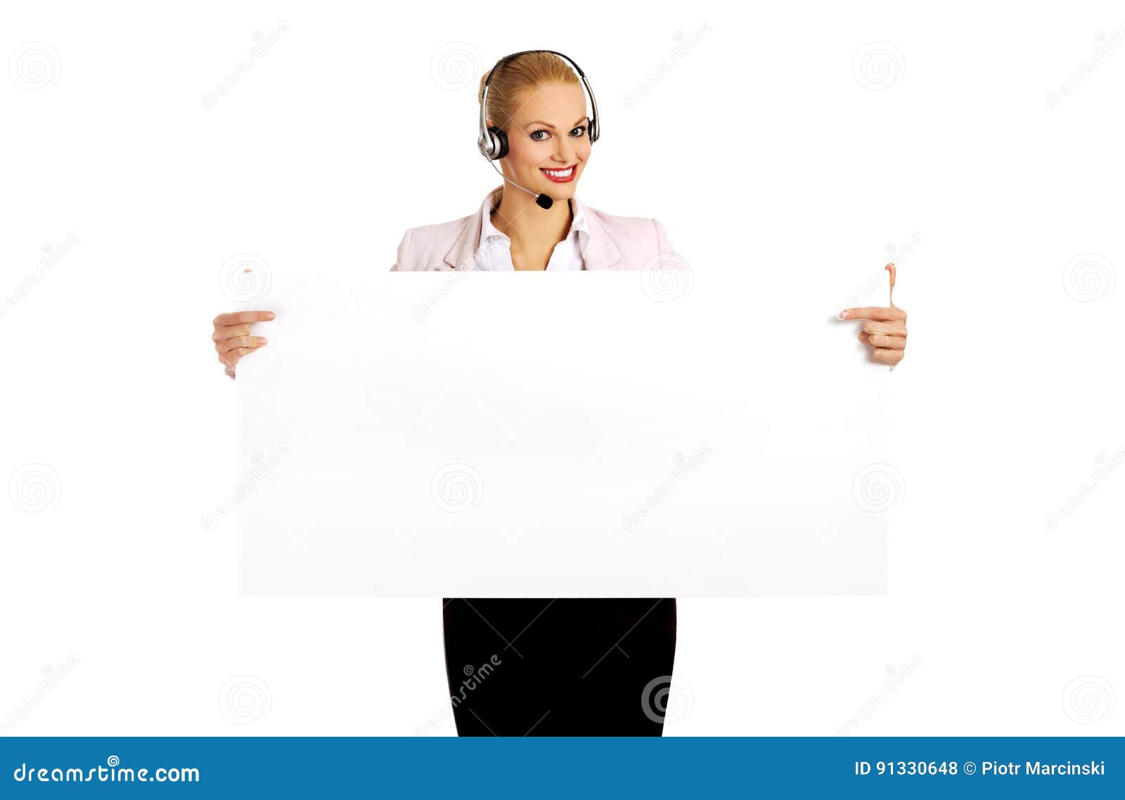 Smile Call Center Woman Holding Empty Banner Stock Photo - Image of ...