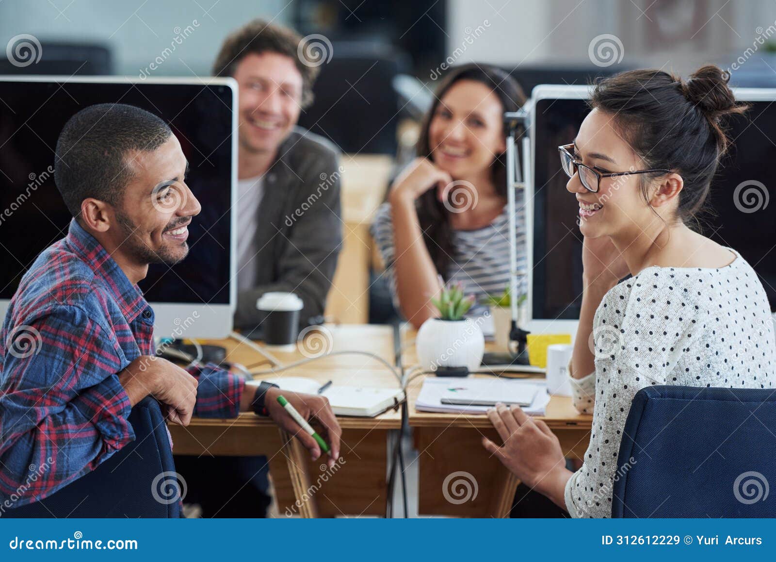 Smile, Computer and Employees in Office, Workspace or Collaboration for ...