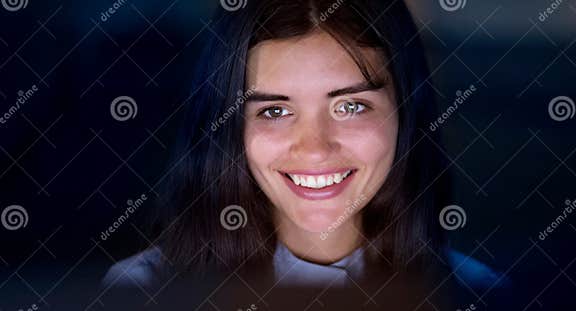 Smile, Dark and Woman with a Computer at Work for Web Design, Coding and Programming at Night ...
