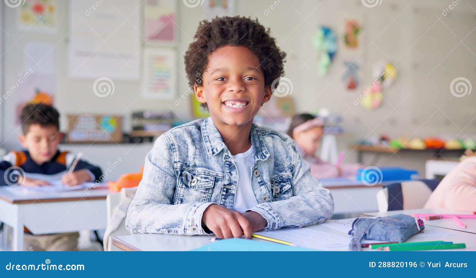 Smile, Education and Writing with Boy in Classroom for Learning ...