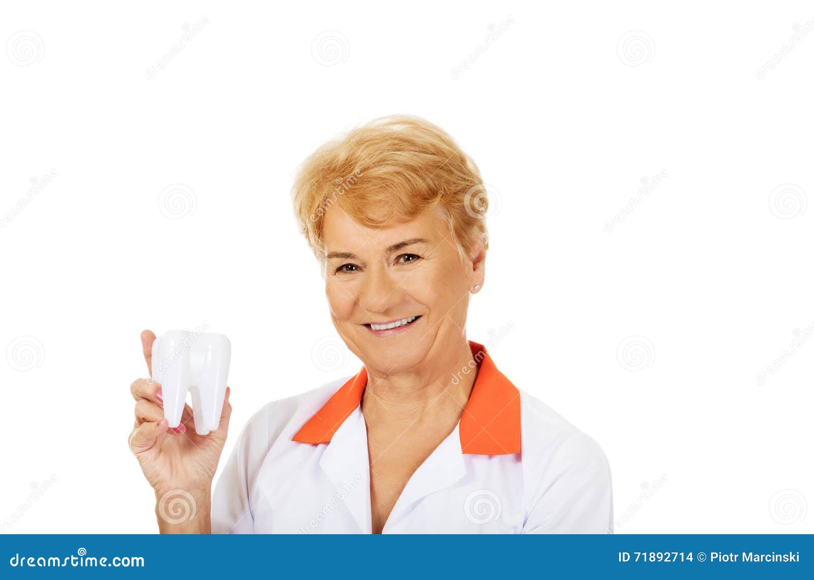 Smile Elderly Female Dentist Holding Big Tooth Model Stock Photo ...