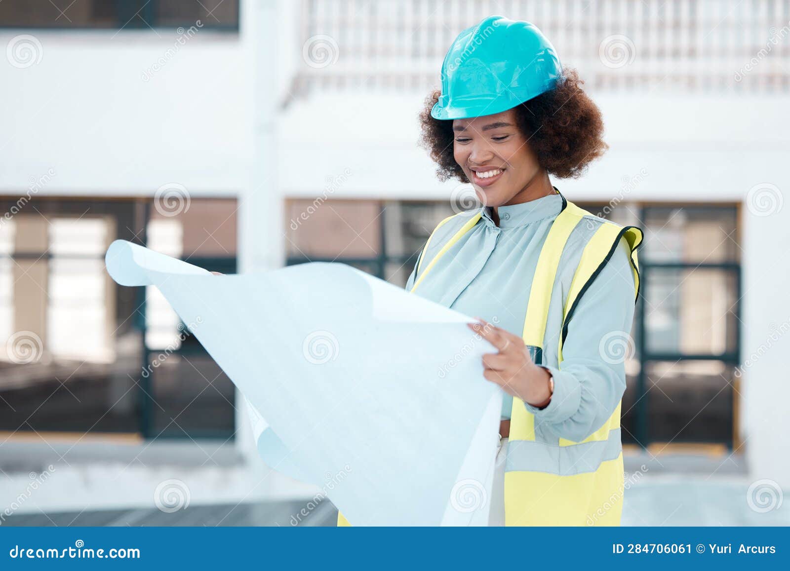 Smile, Engineer and Woman with Blueprint in City for Construction ...