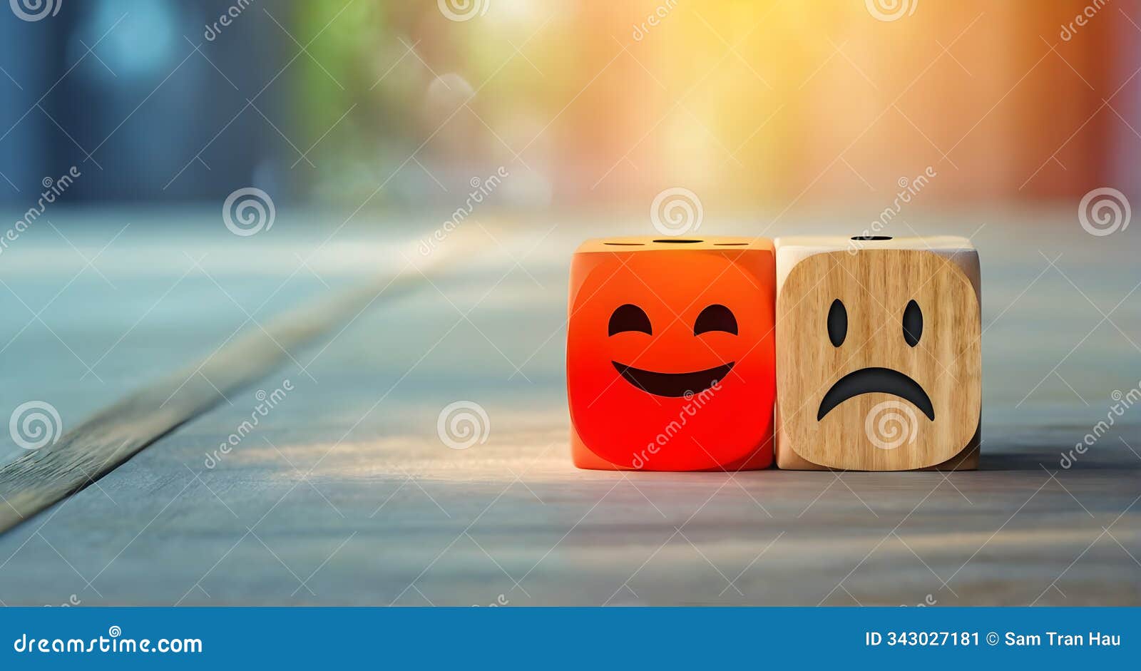 Smile Face in Bright Side and Sad Face in Dark Side on Wooden Block ...