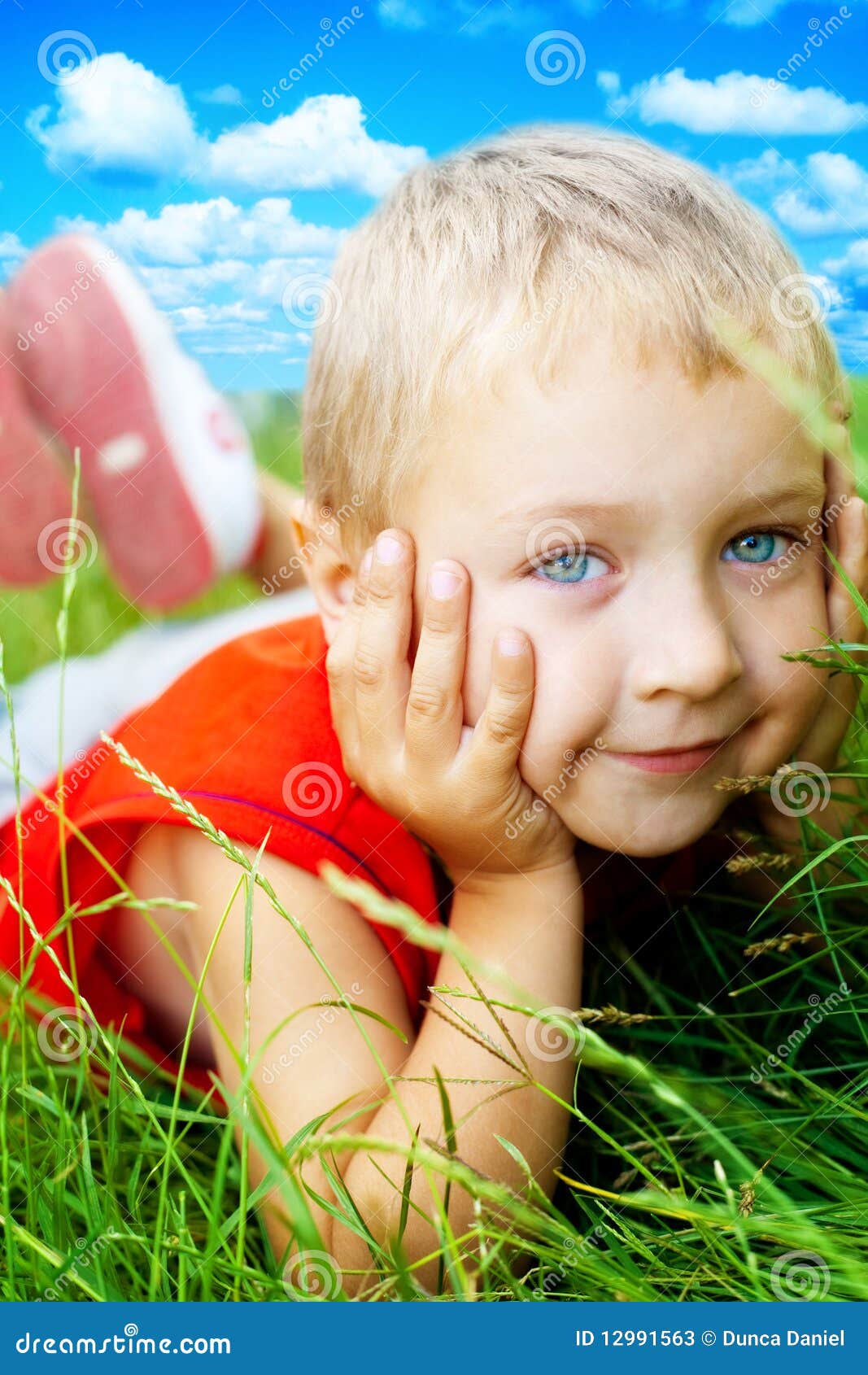 Smile of Happy Cute Child in Spring Grass Stock Image - Image of ...