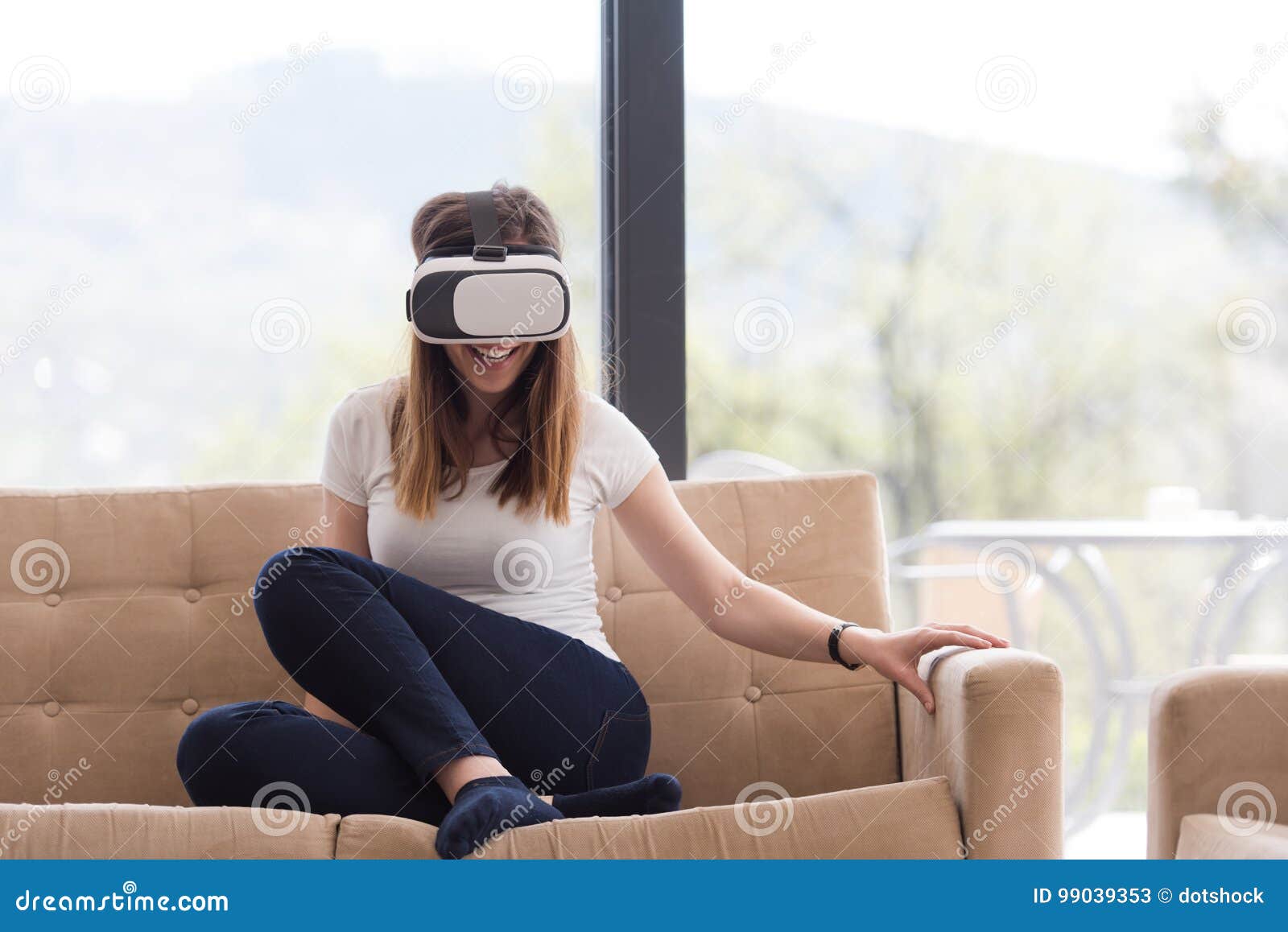 Woman Using VR-headset Glasses of Virtual Reality Stock Image - Image ...