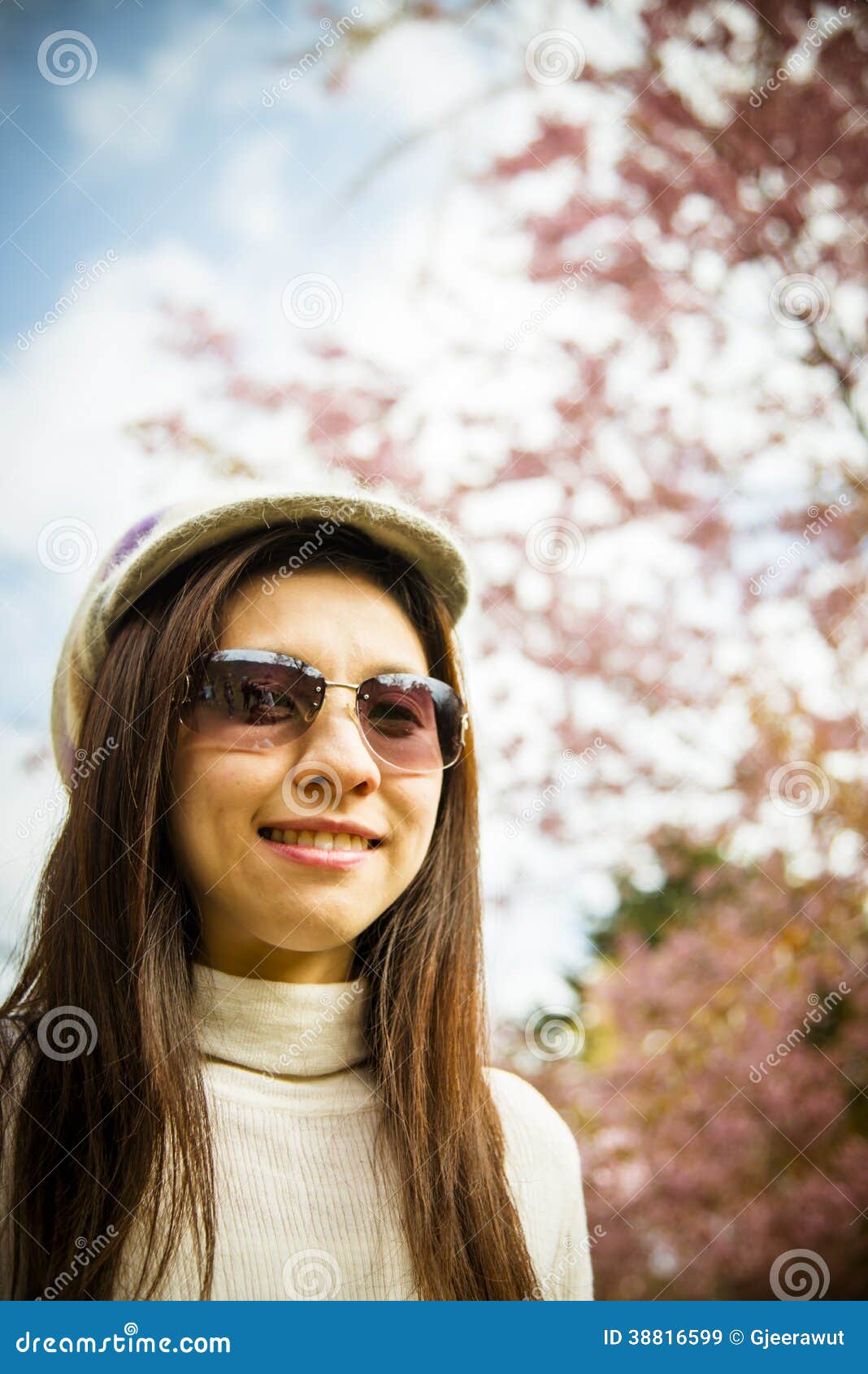 Smile Lady with Pink Cherry Flower Tree Stock Image - Image of park ...