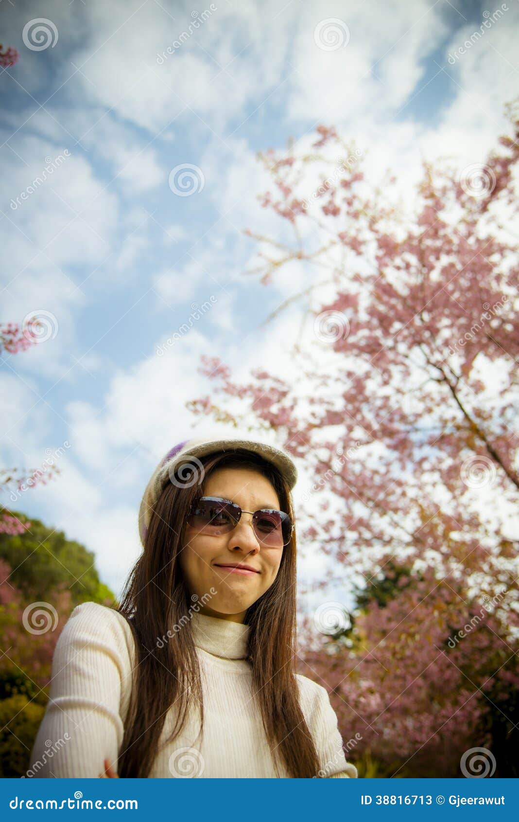 Smile Lady with Pink Cherry Flower Tree Stock Image - Image of ...