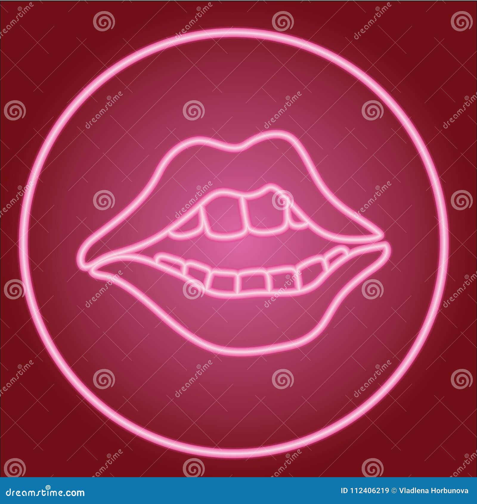 Smile with Lips and Teeth, in Neon Circle Stock Vector - Illustration ...