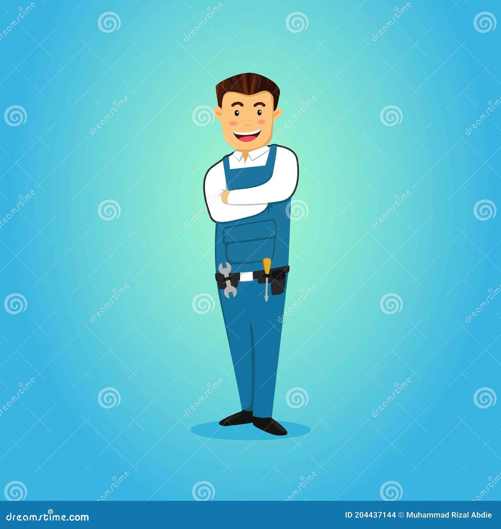 Smile Mechanic Engineer Folding Arm Face Front with Humble Cartoon ...