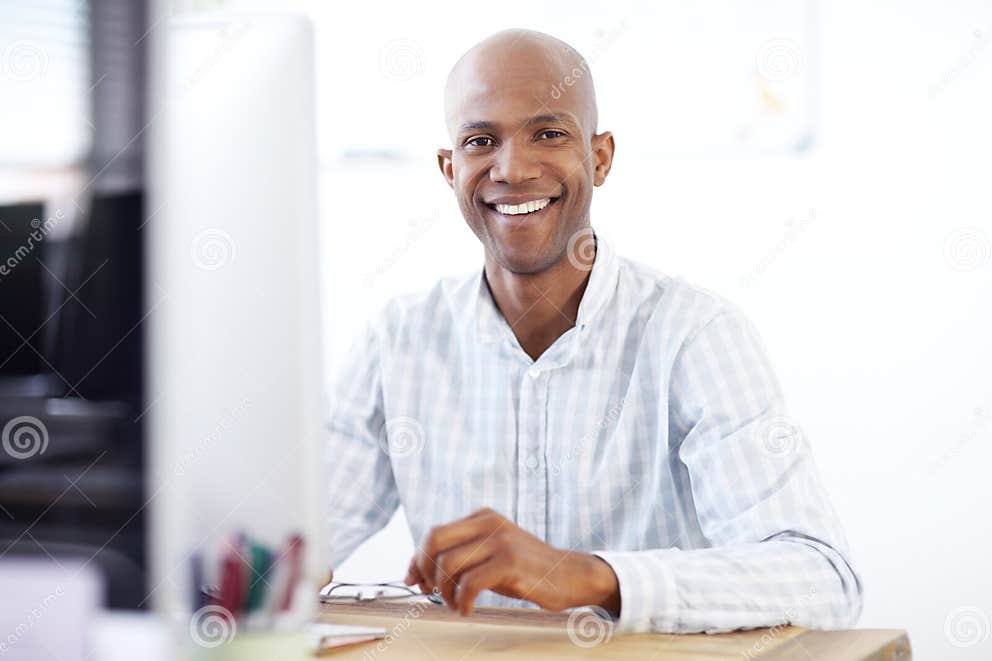 Smile, Portrait and Black Man at Computer for Research, Web Design or ...