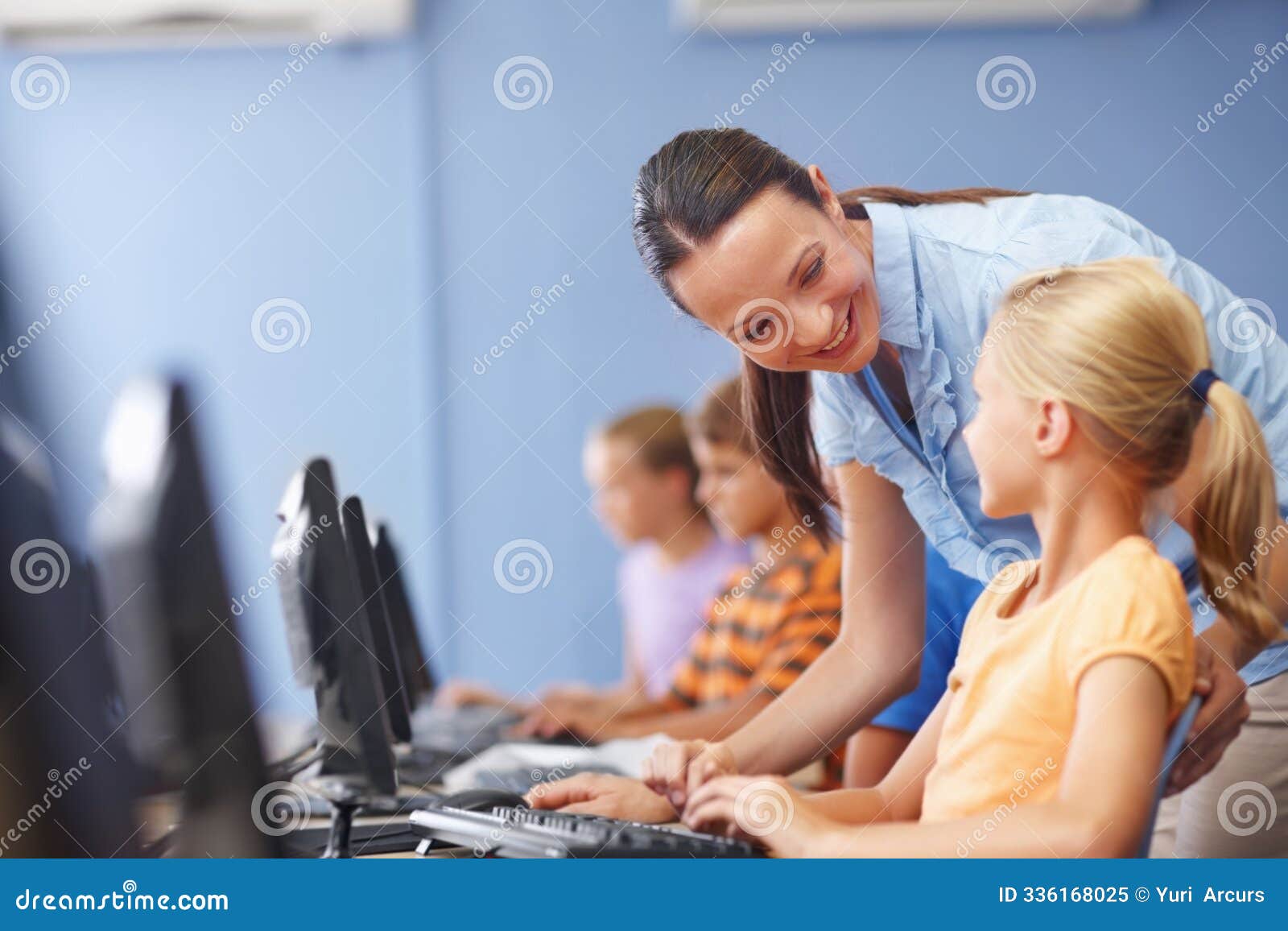 Smile, Teacher and Children in Classroom, Computer and Teaching of ...