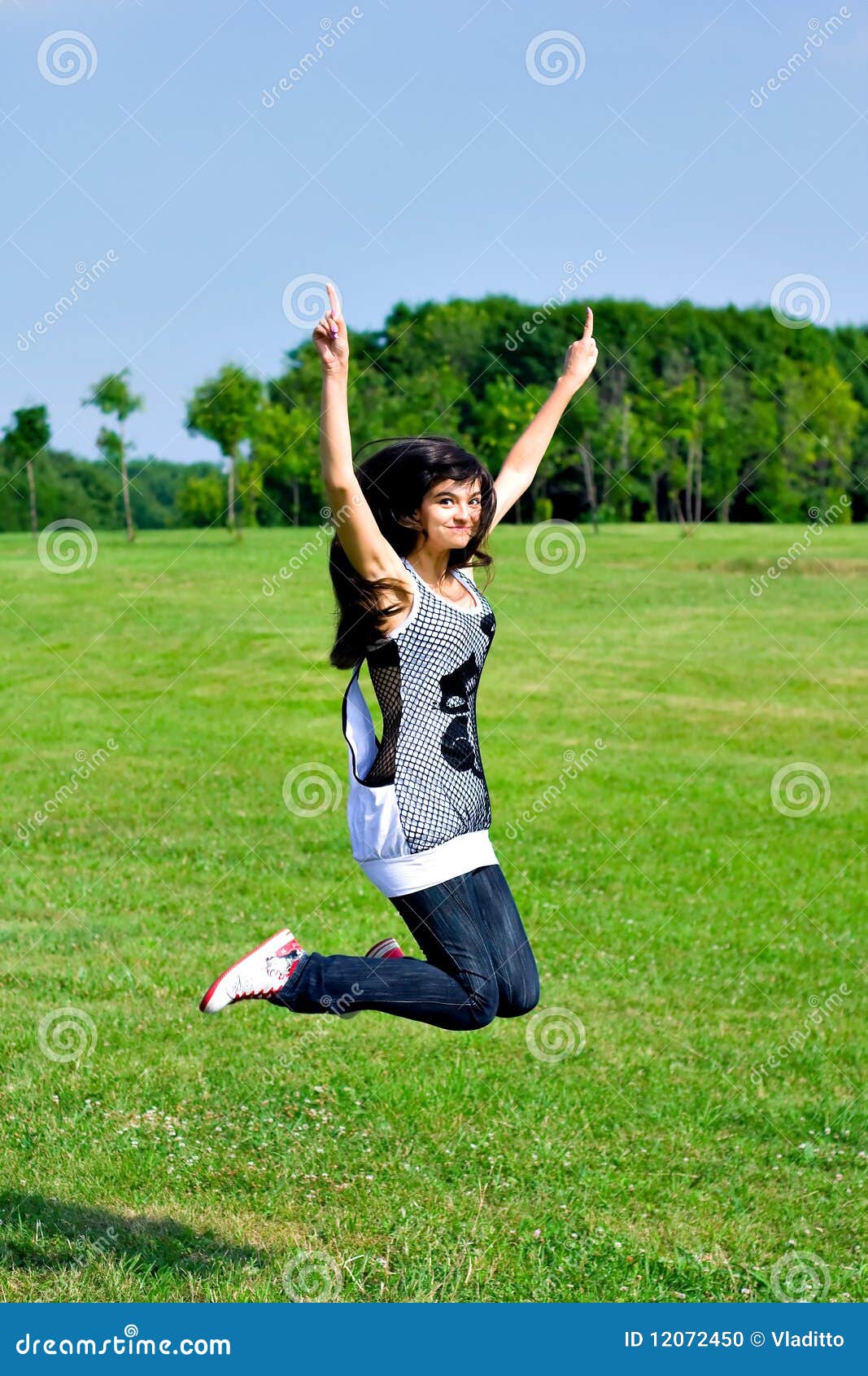 Smile Teen Open Hands Jumping Stock Photo - Image of brunette ...