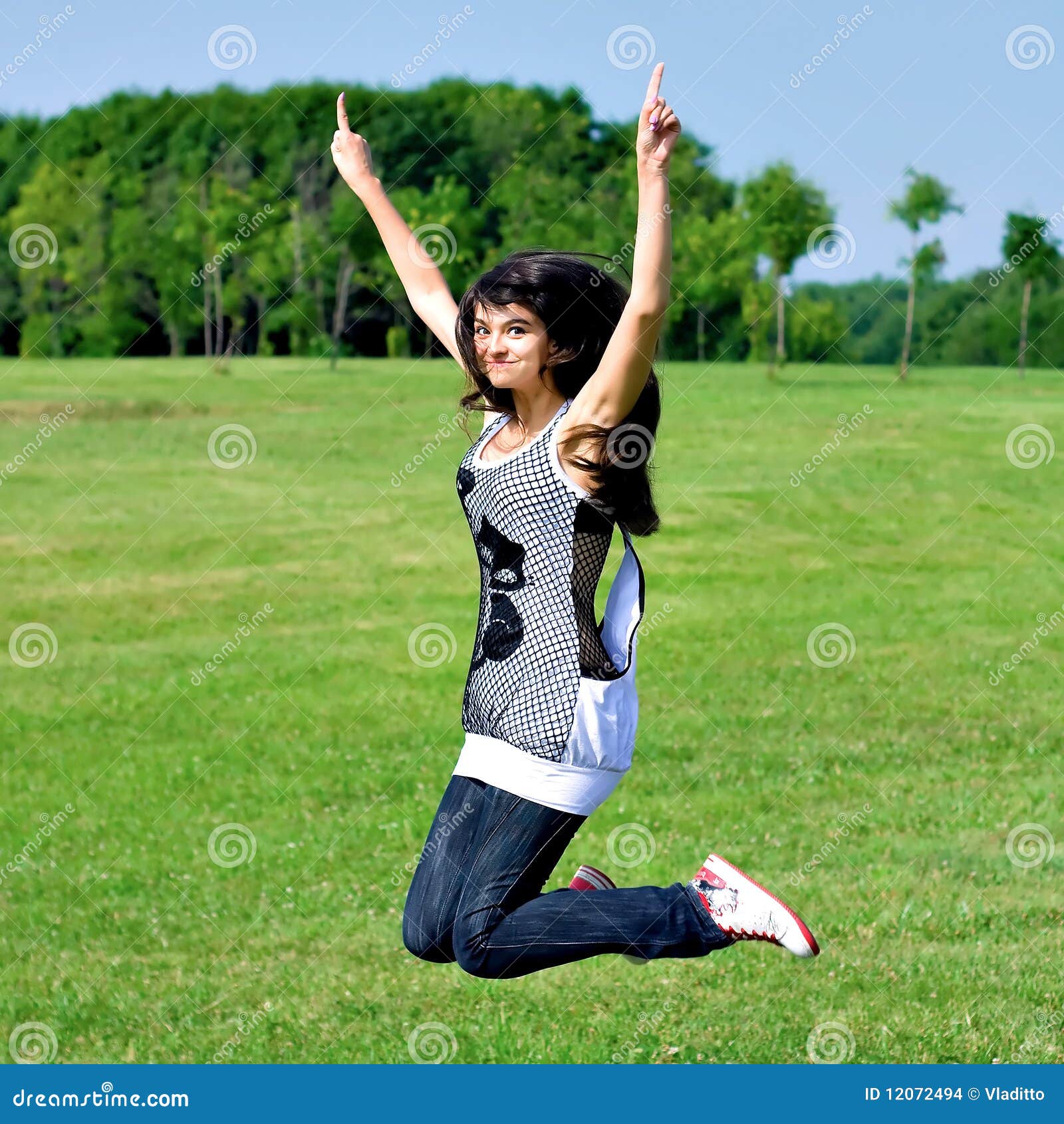 Smile Teen Open Hands Jumping on the Meadow Stock Photo - Image of ...
