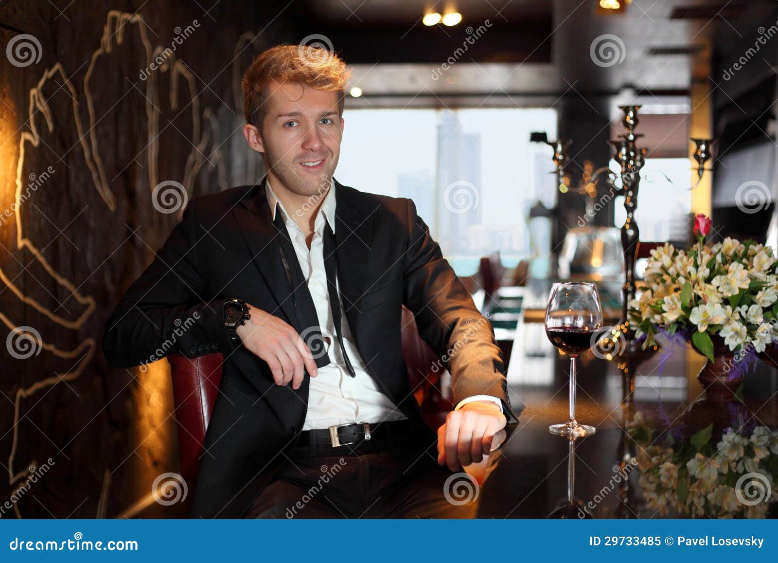 Smile Man in a Black Suit at the Bar Stock Image - Image of people ...