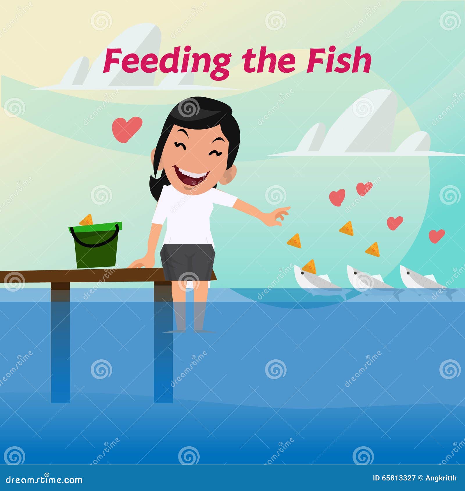 Smilely Lady are Feeding the Fish - Stock Illustration - Illustration ...