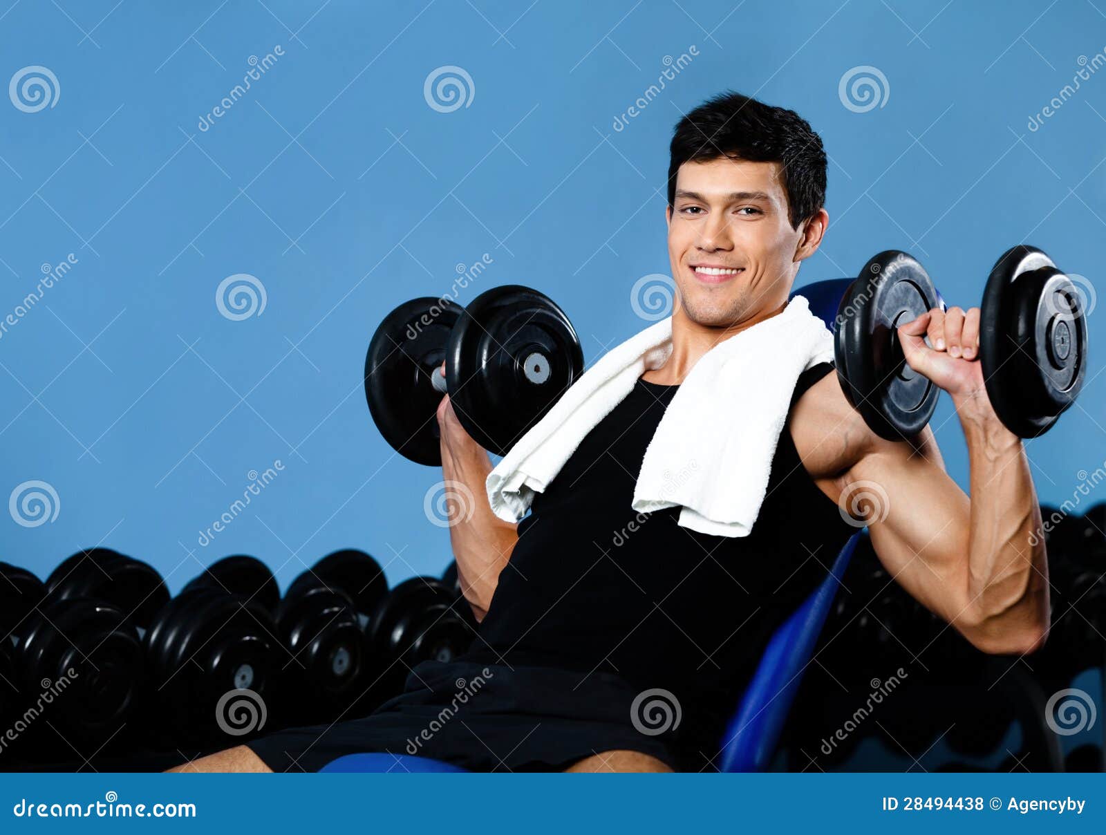 Smiley Bodybuilder Exercises with Weights Stock Photo - Image of indoor ...