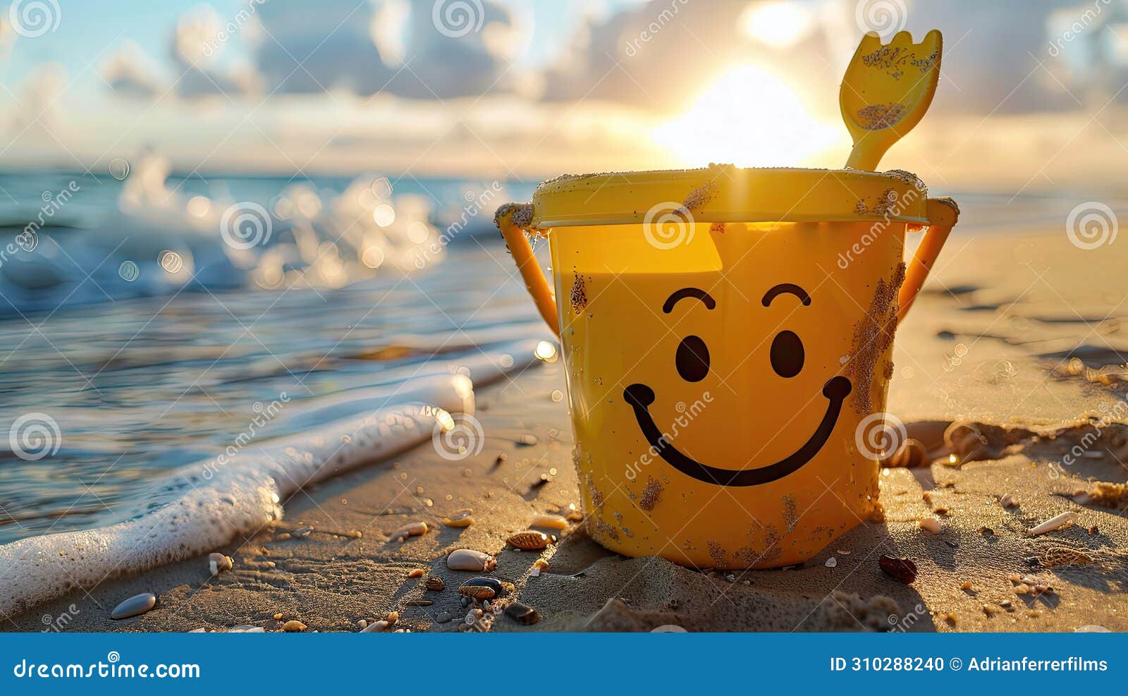 Smiley Bucket on a Sunny Beach with Foamy Waves. Stock Photo - Image of ...