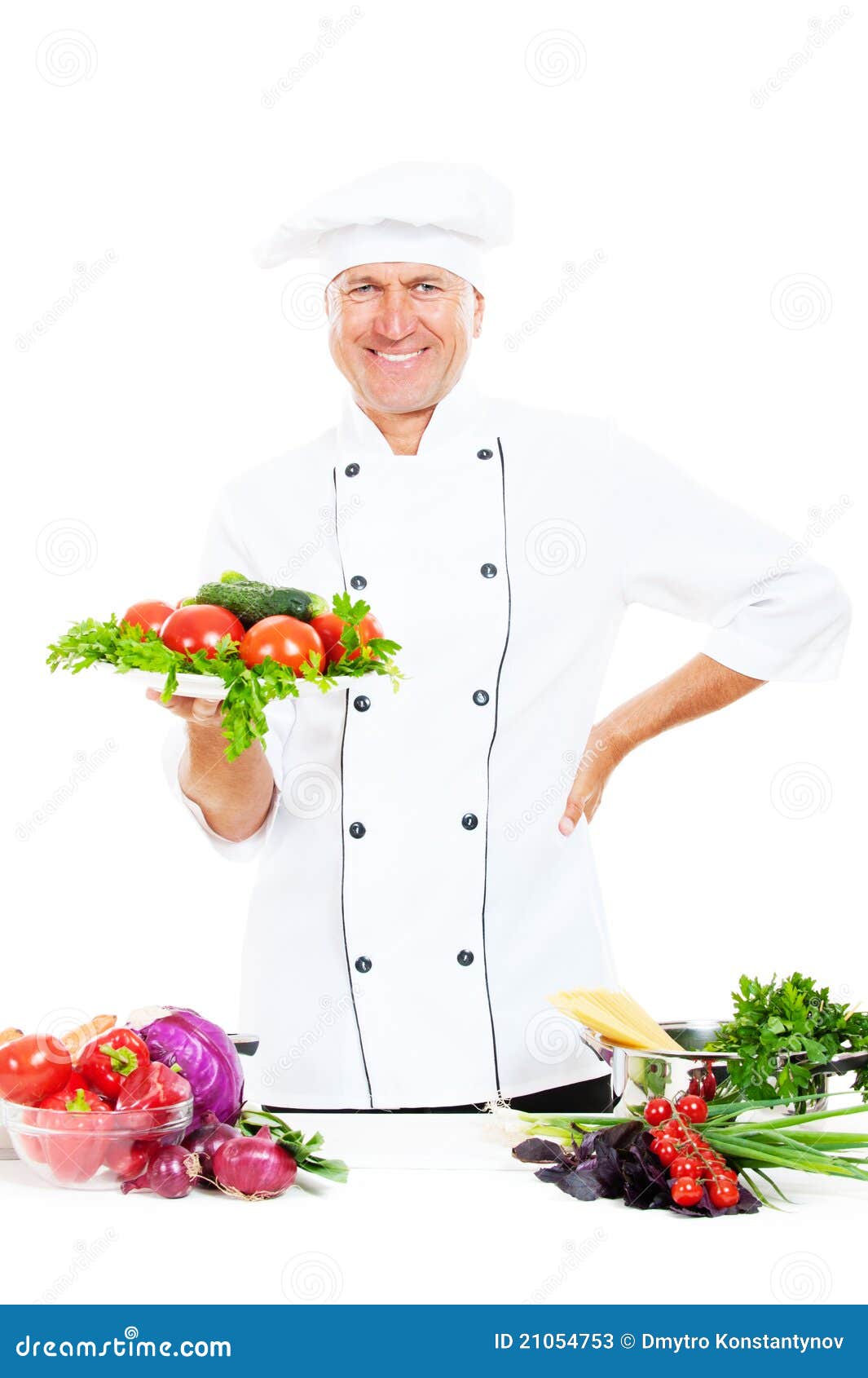 Smiley Chef Holding Plate with Fresh Vegetables Stock Image - Image of ...
