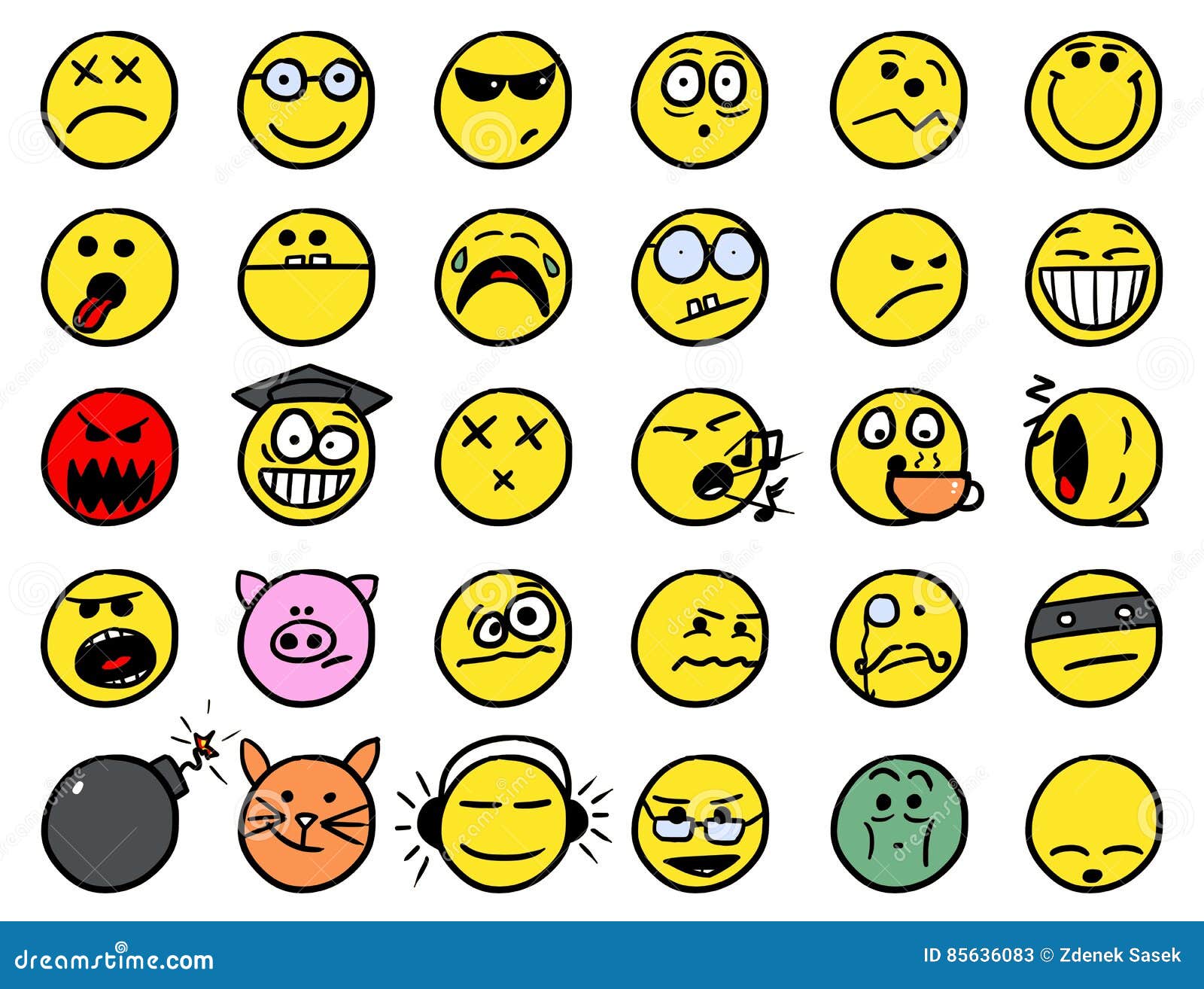 Smiley Drawings Icon Set 1 In Black And White Vector Illustration ...