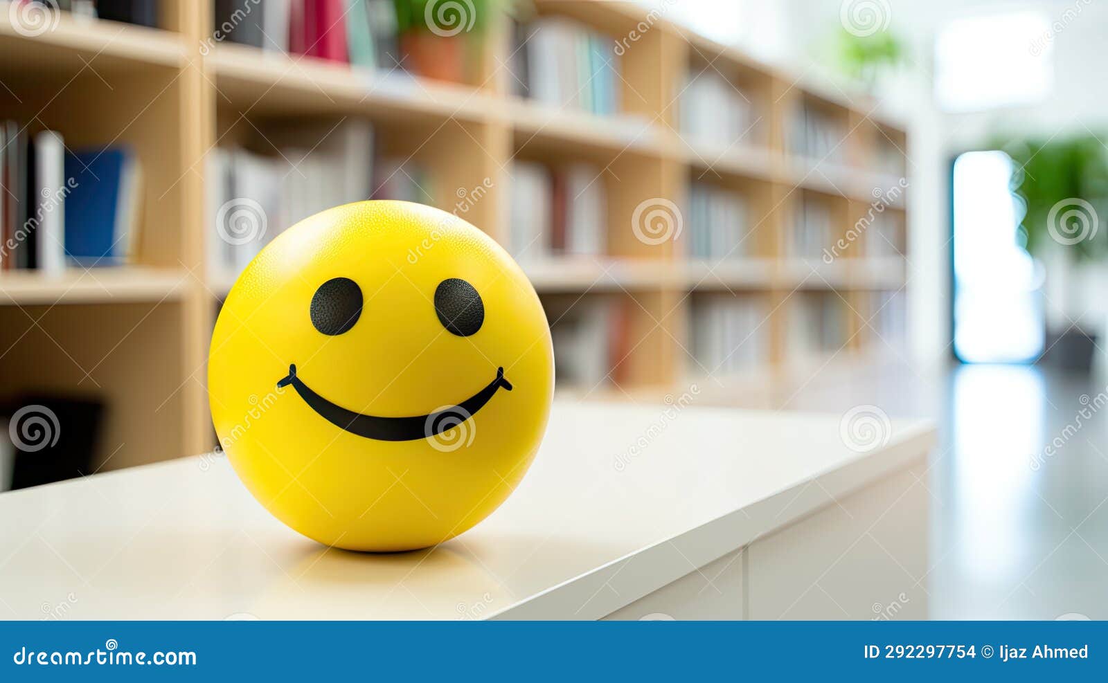 Smiley Face On The Desk In The Office With Bookshelves In The ...