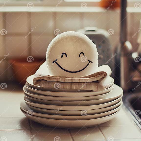 Smiley Face Drying Dishes with a Dishcloth Stock Illustration ...
