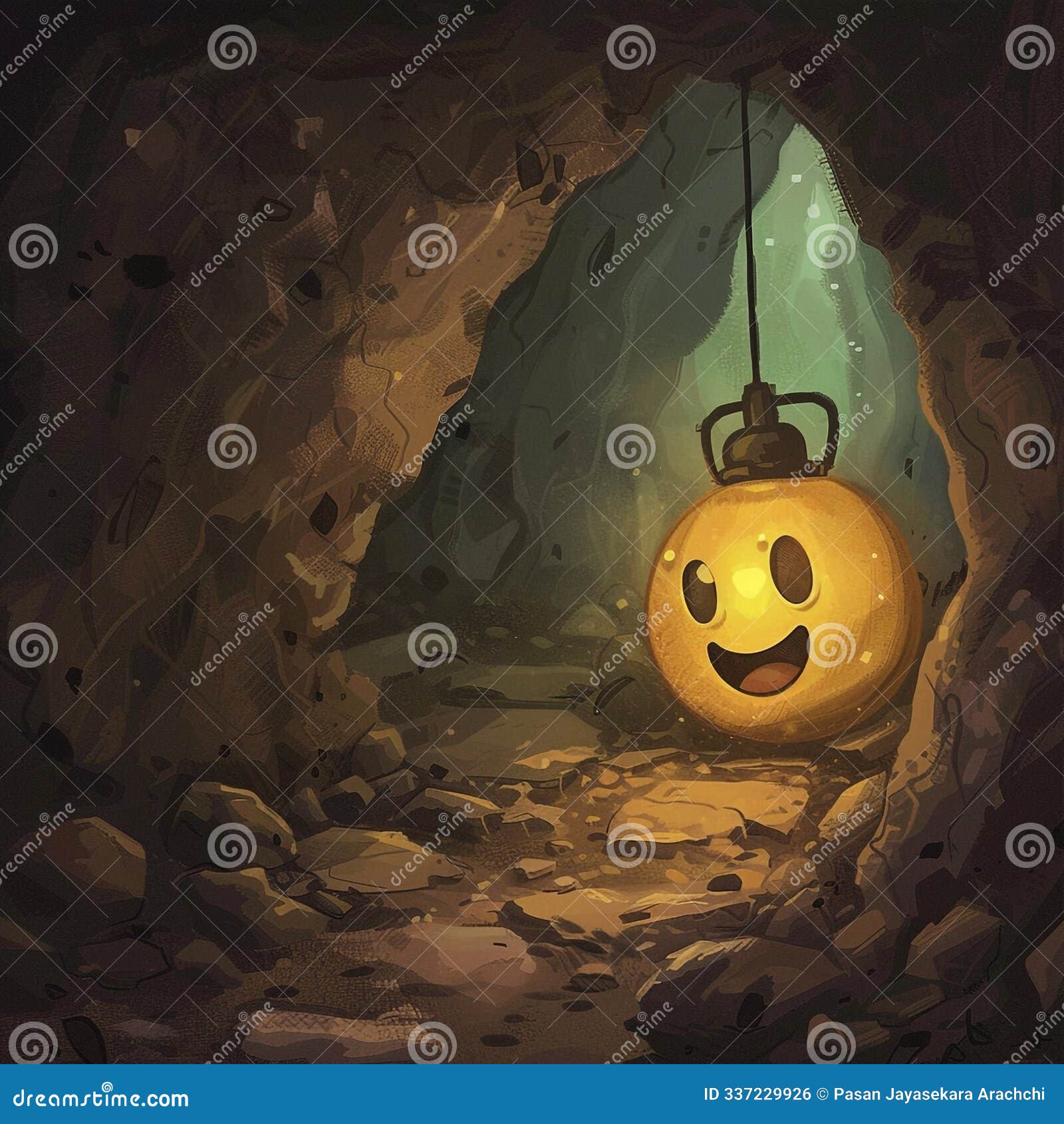 Smiley Face Exploring a Cave with a Lantern Stock Illustration ...