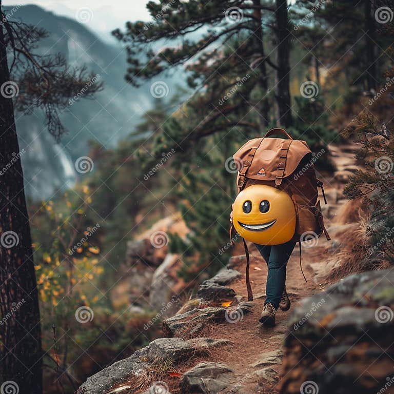 Smiley Face Hiking Mountain Trail with Backpack Stock Illustration ...