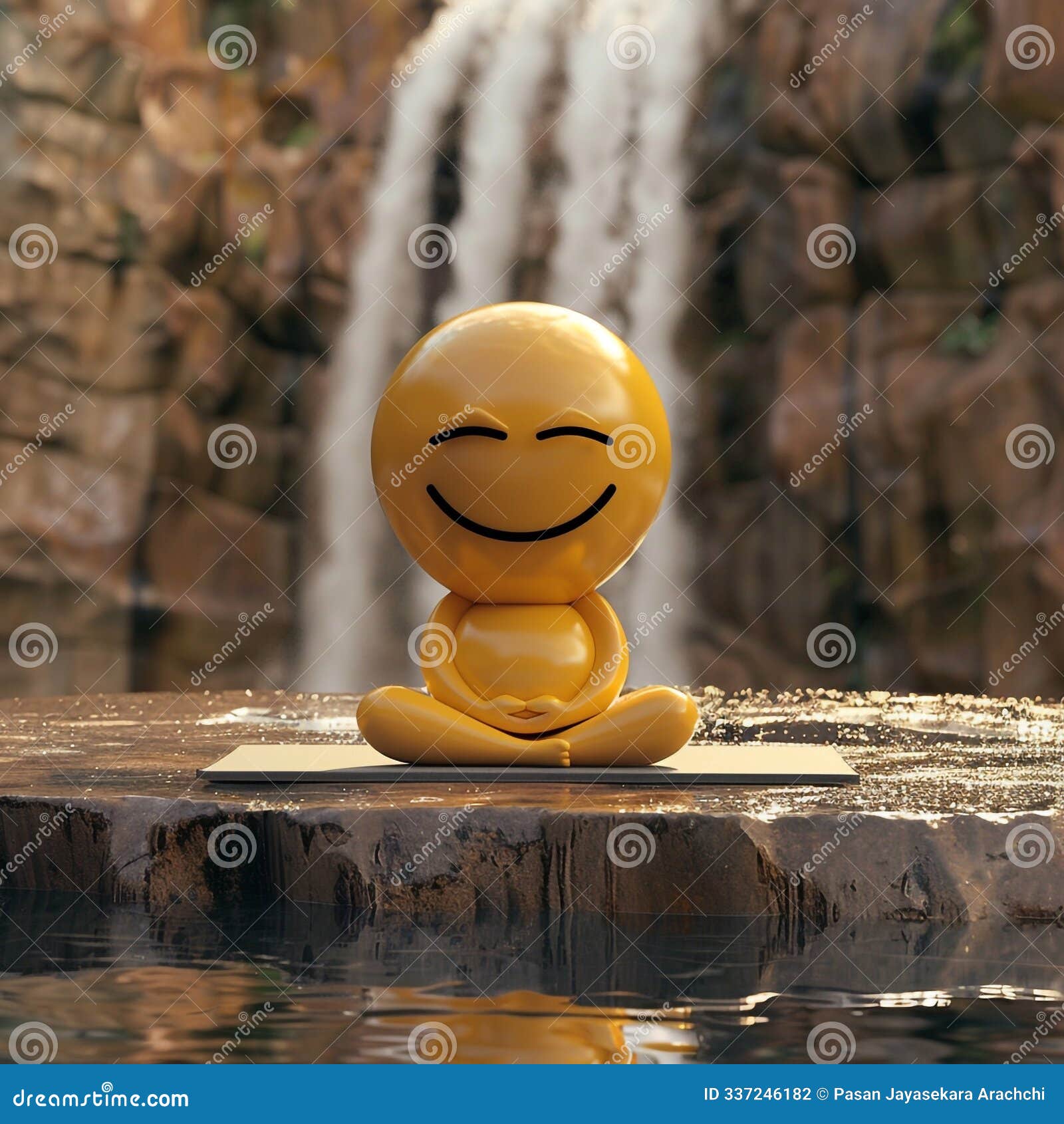 Smiley Face Meditating by a Waterfall on a Yoga Mat Stock Illustration ...
