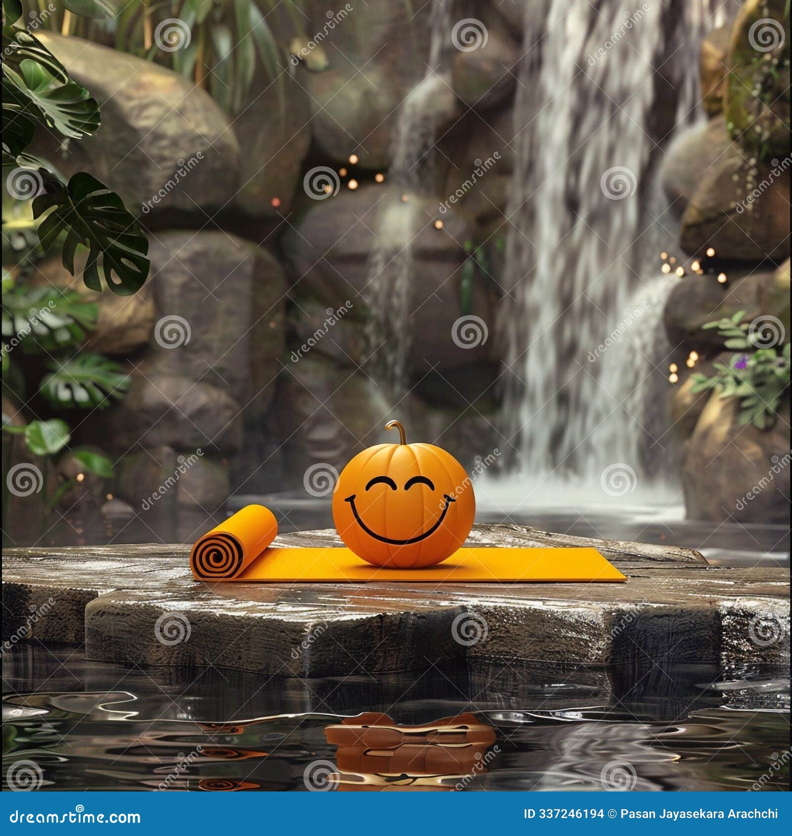Smiley Face Meditating by a Waterfall on a Yoga Mat Stock Illustration ...