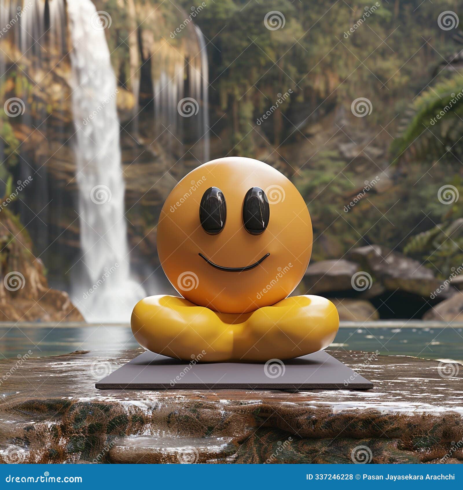 Smiley Face Meditating by a Waterfall on a Yoga Mat Stock Illustration ...