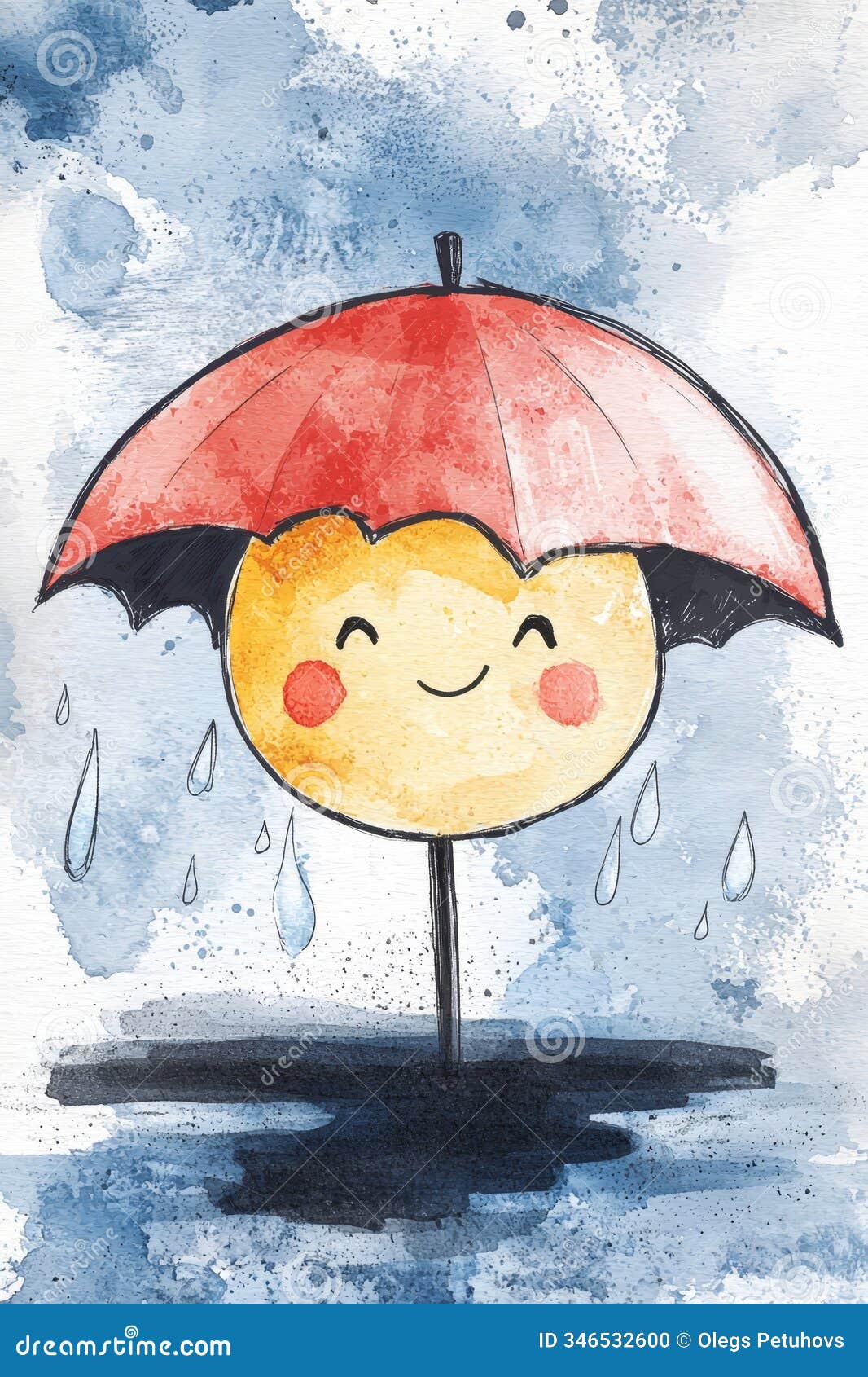 Smiley Face with Red Umbrella Over a Puddle, Blue Sky Backdrop Stock ...