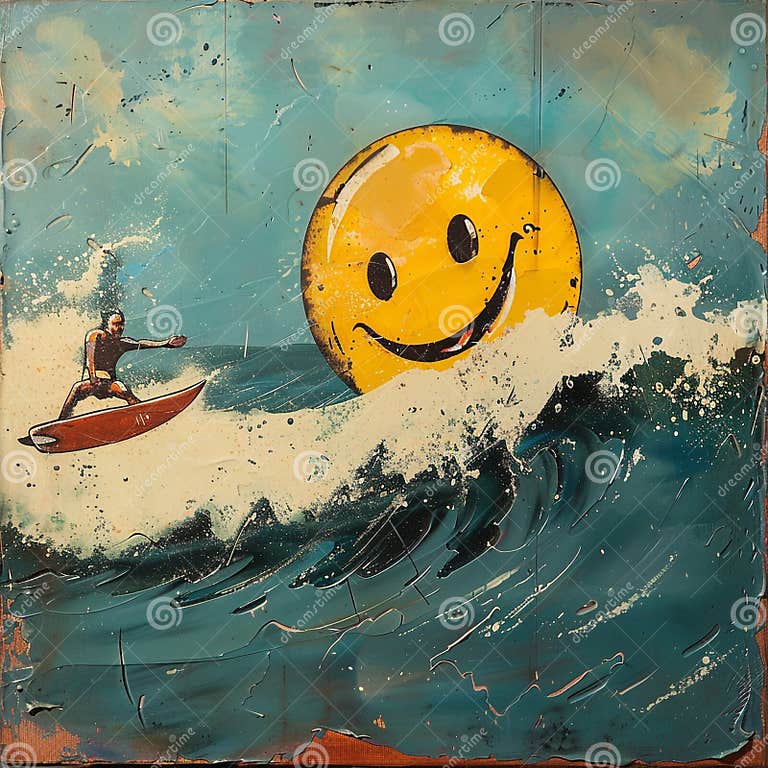Smiley Face Riding Surfboard on Big Wave Stock Illustration ...