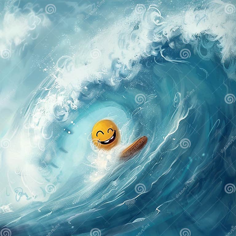Smiley Face Riding Surfboard on Big Wave Stock Illustration ...
