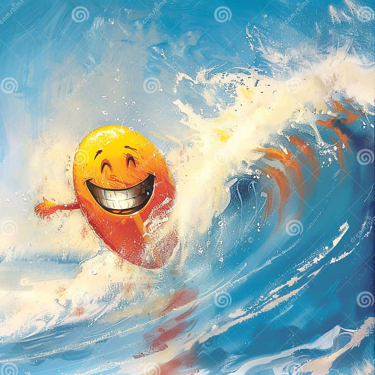 Smiley Face Riding Surfboard on Big Wave Stock Illustration ...