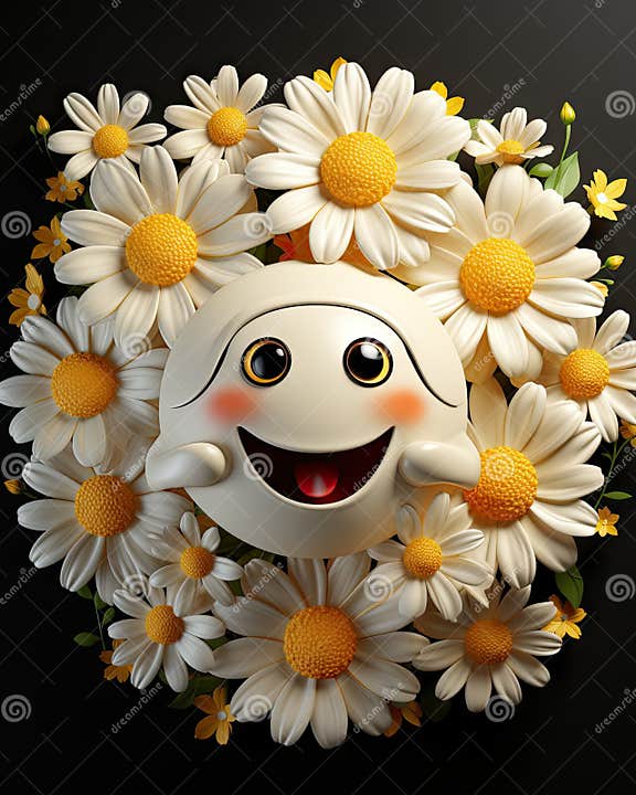 A Smiley Face Surrounded by Daisies on a Black Background. Generative ...