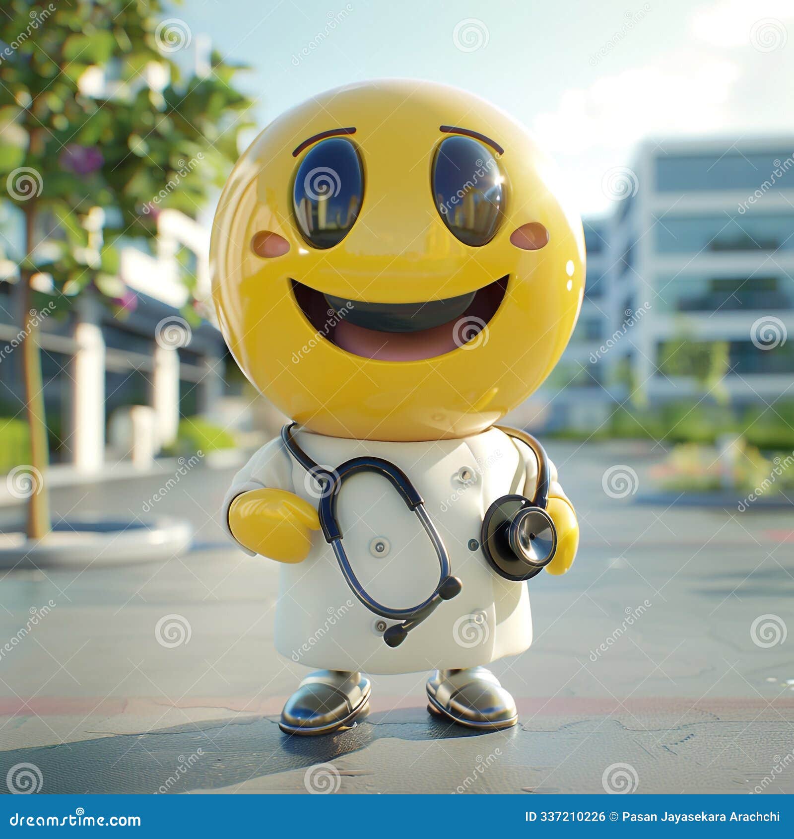 Smiley Face Wearing Stethoscope Stands in Front of Hospital Stock ...