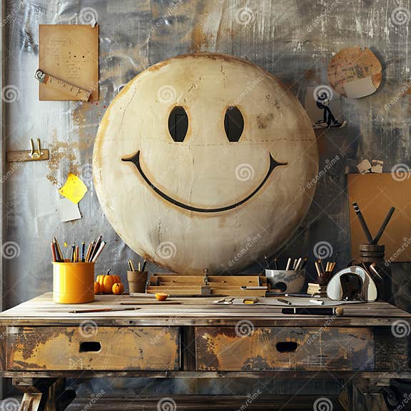 Smiley Face Working at a Desk on a Project Stock Illustration ...