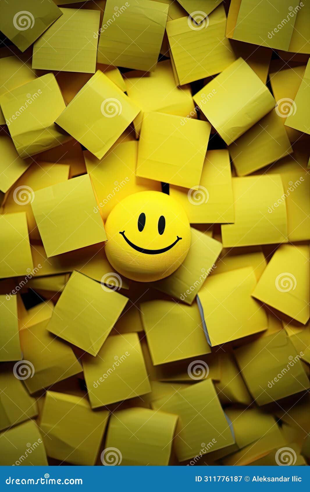 Smiley Face among Yellow Sticky Notes. Flatlay, Top View Image ...