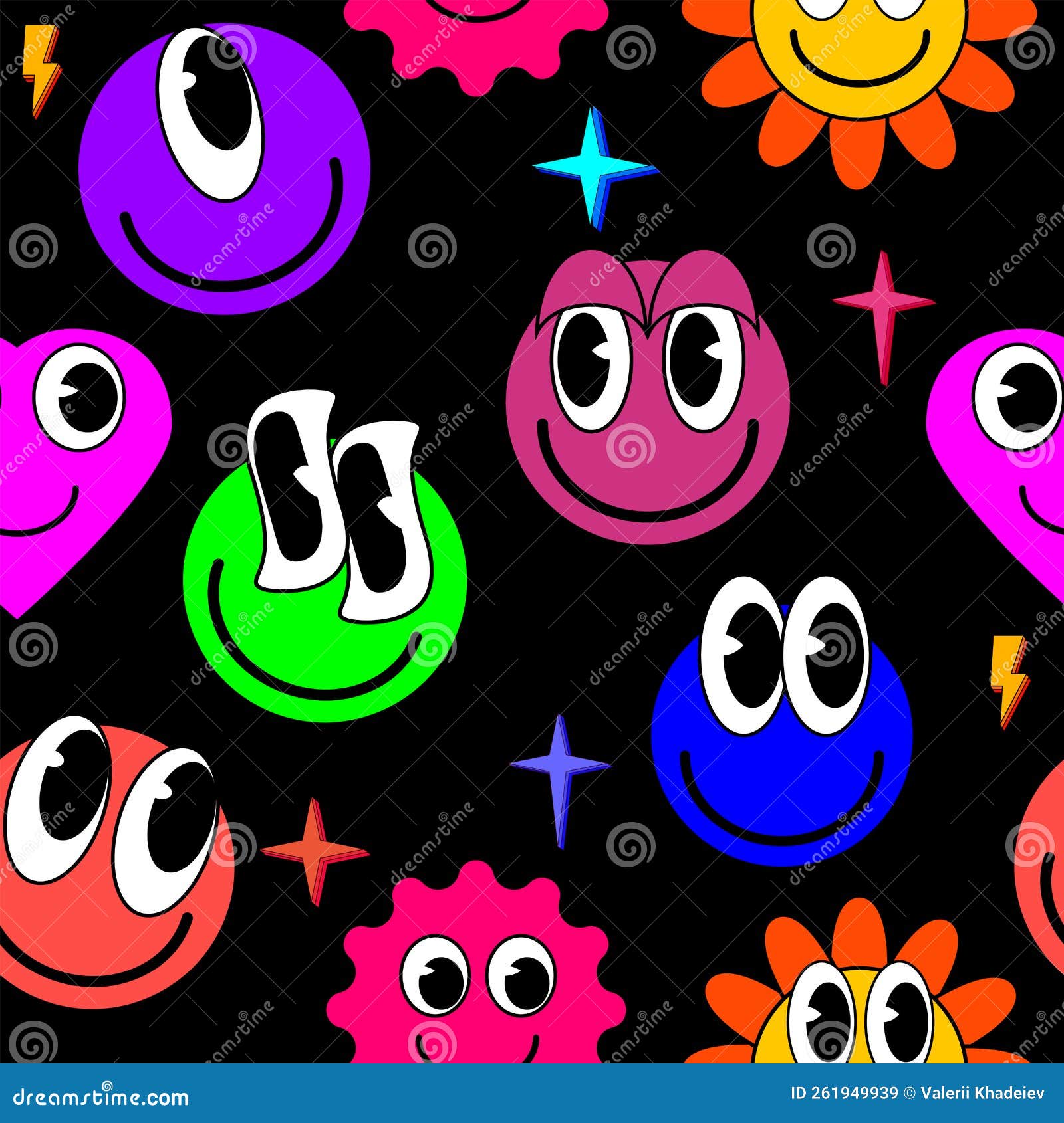 Smiley Faces Stickers, Trippy Seamless Pattern. Retro Trendy Check ... Smiley Faces Stickers, Trippy Seamless Pattern. Retro Trendy Check ...