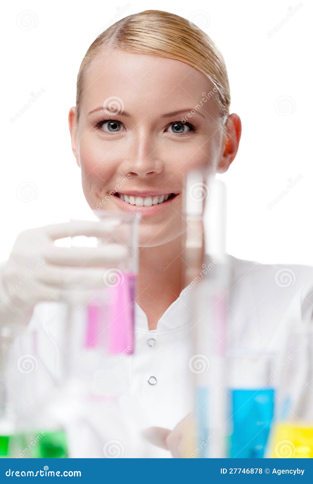 Smiley Female Doctor with Beaker Stock Photo - Image of discovery ...