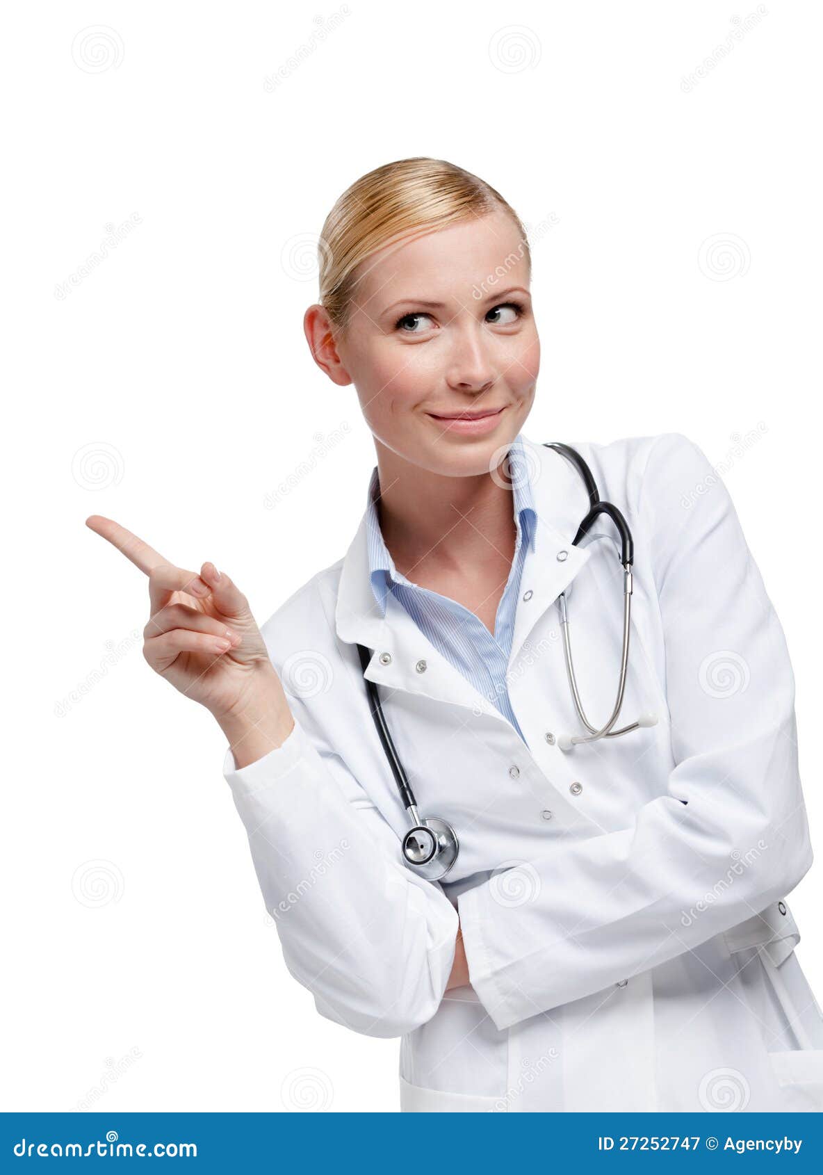 Smiley Female Physician Makes a Pointing Gesture Stock Image - Image of ...