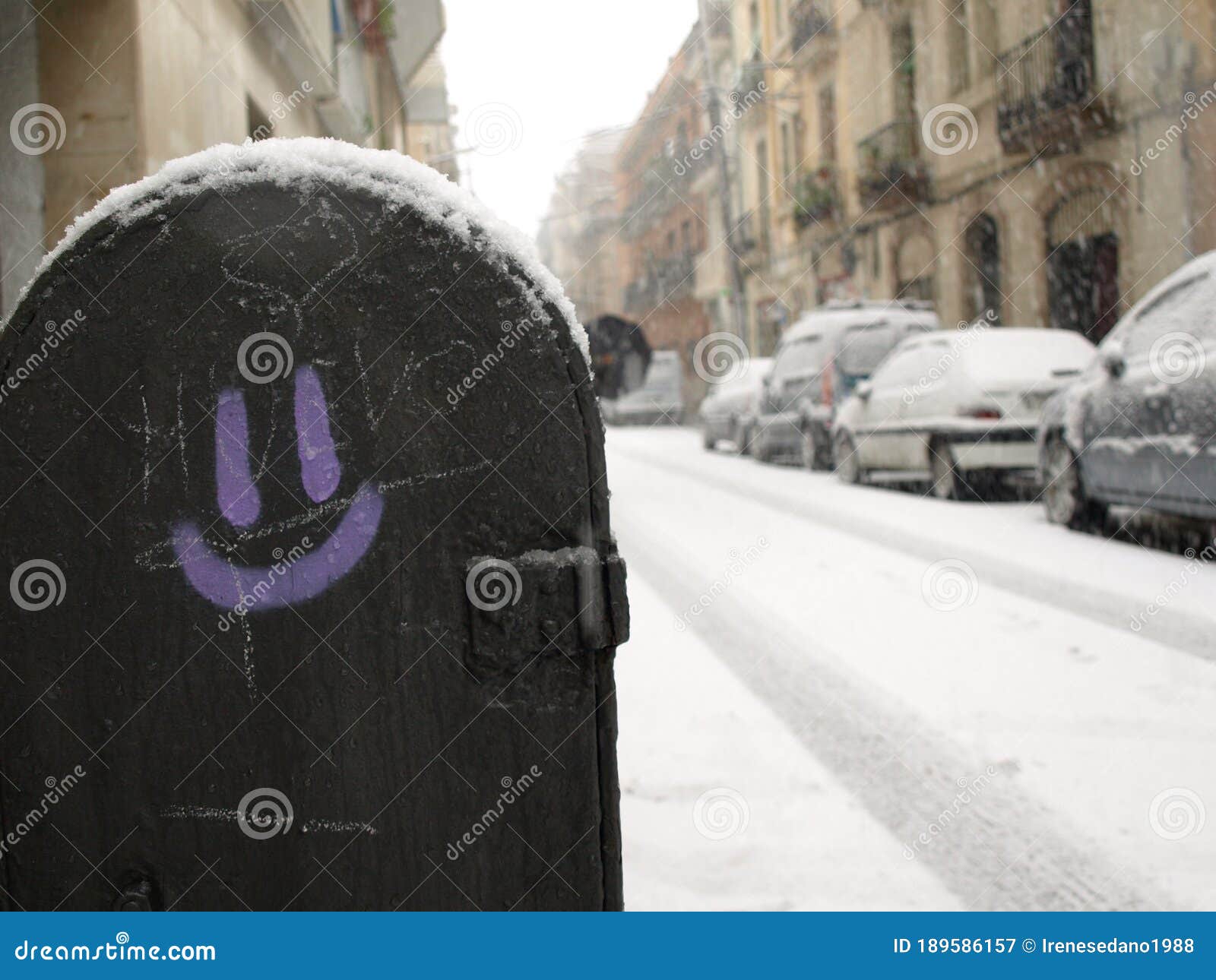 Smiley Fountain Covered by Snow in a Snow Storm Stock Image - Image of ...