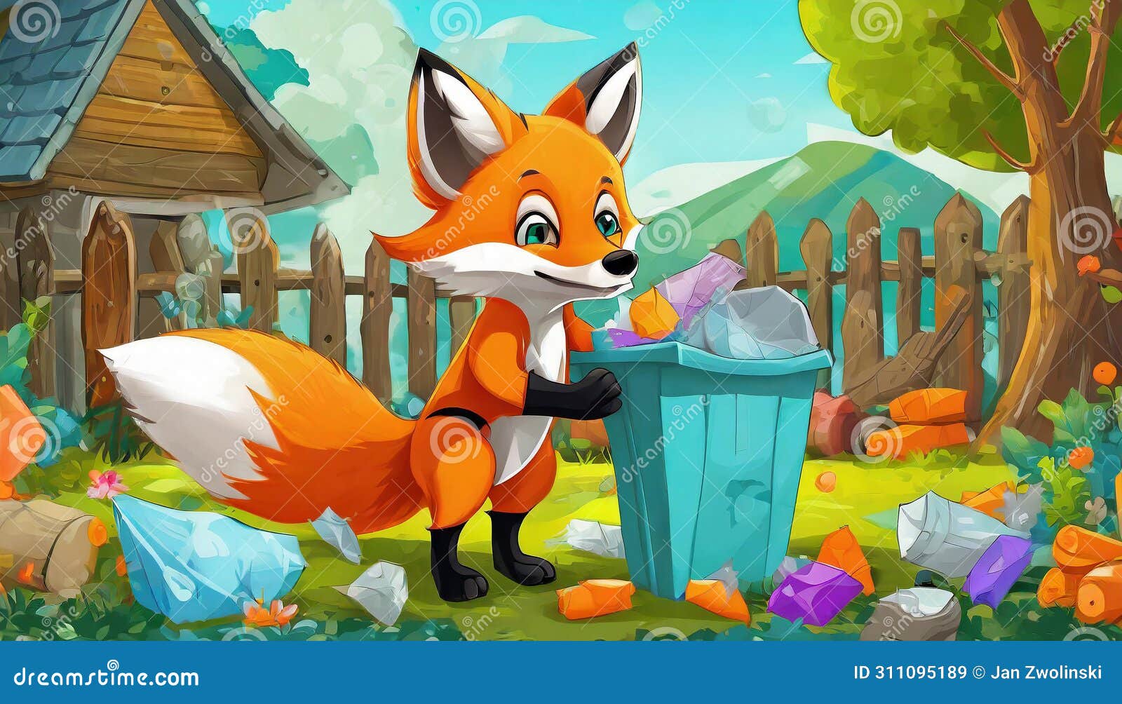 Smiley Fox is Collecting Garbage To Trash Bin at Backyard Stock ...